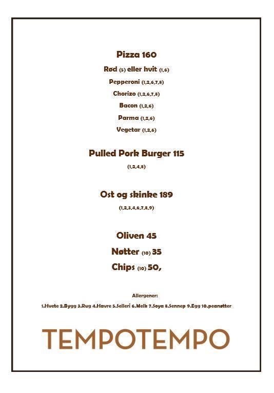Menu at tempo tempo pub & bar, Bergen