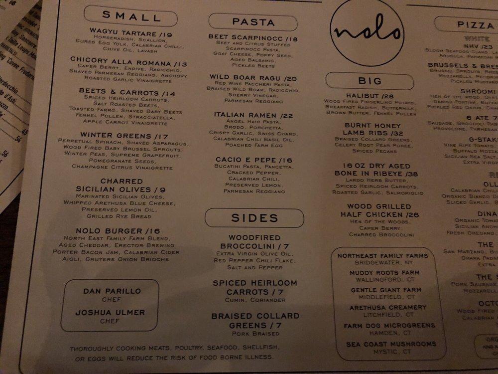 Menu at Da Legna at Nolo pizzeria, New Haven