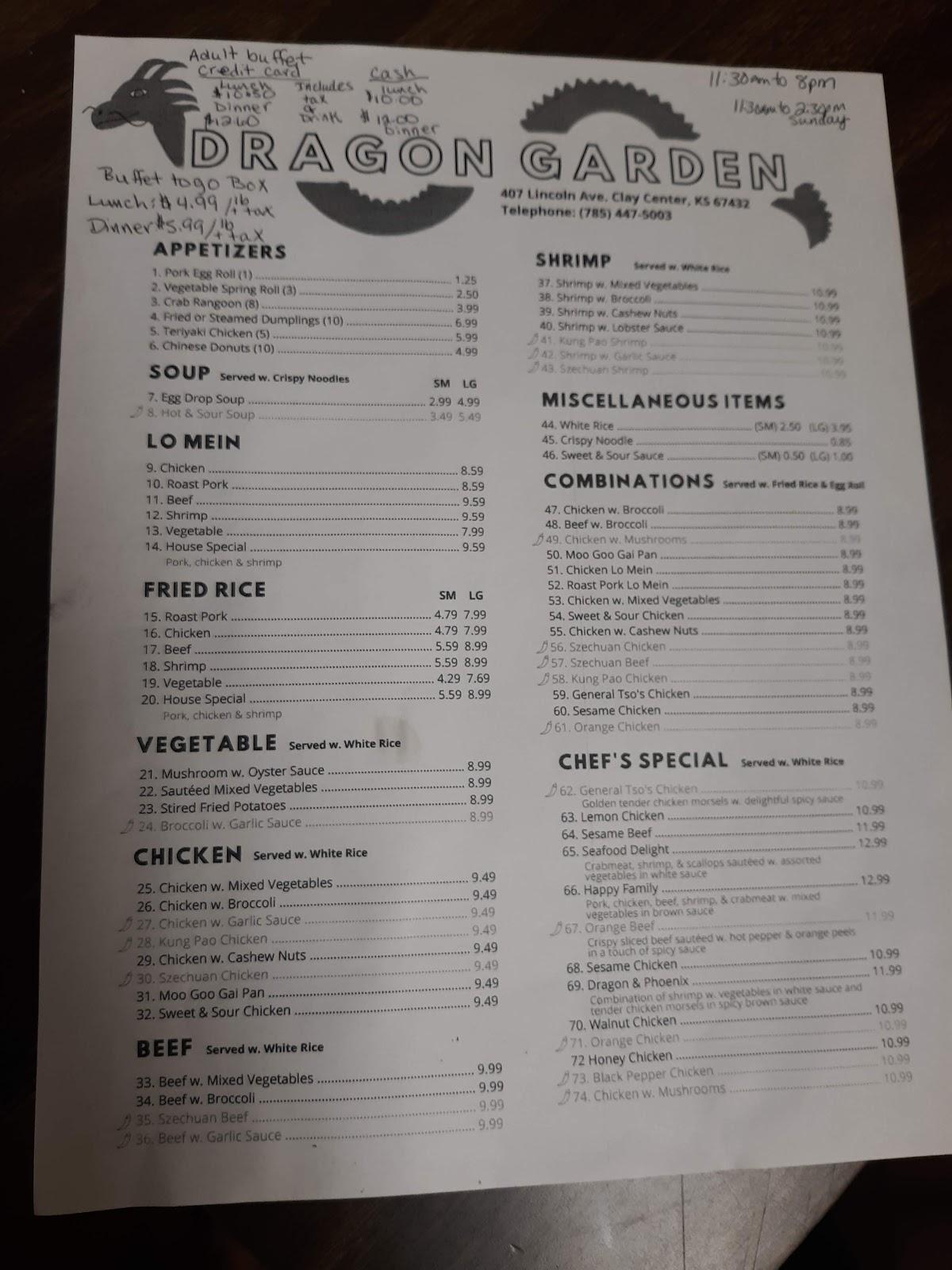 Menu at Dragon Garden restaurant, Clay Center