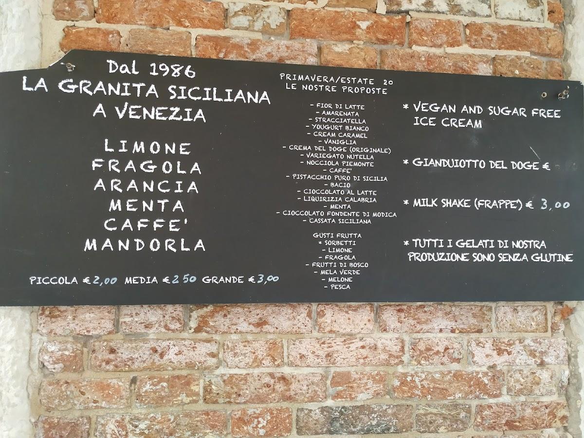 Menu at Gelateria il Doge restaurant, Venice, Dorsoduro