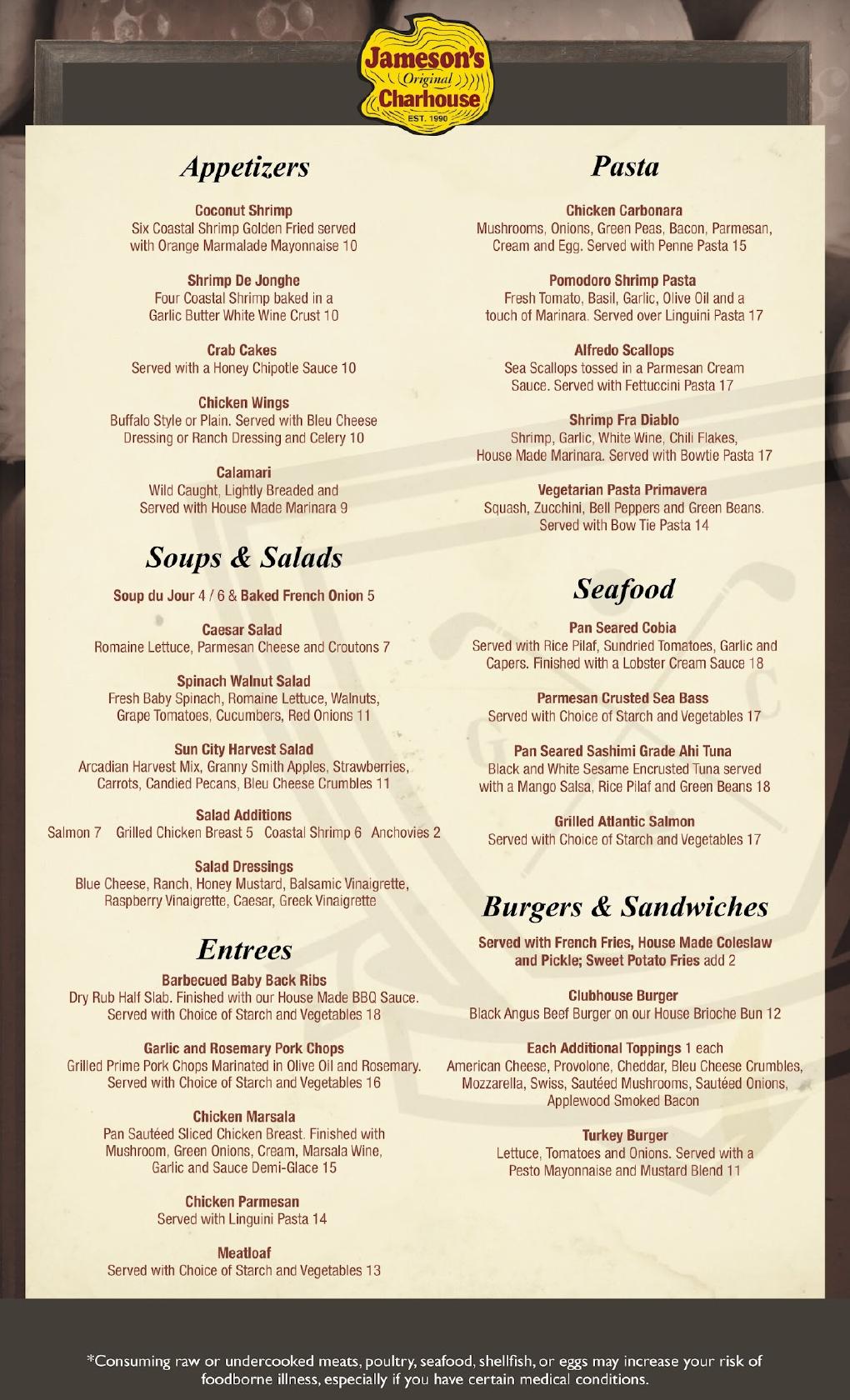 Menu at Jameson's Charhouse steakhouse, Bluffton
