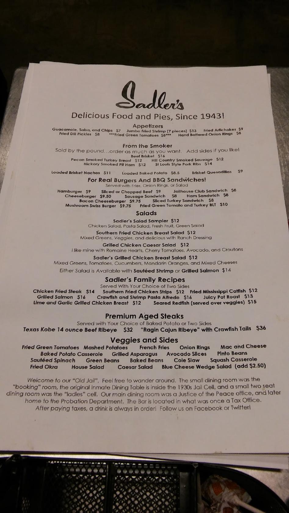 Menu at Sadler's Kitchen restaurant, Jacksonville