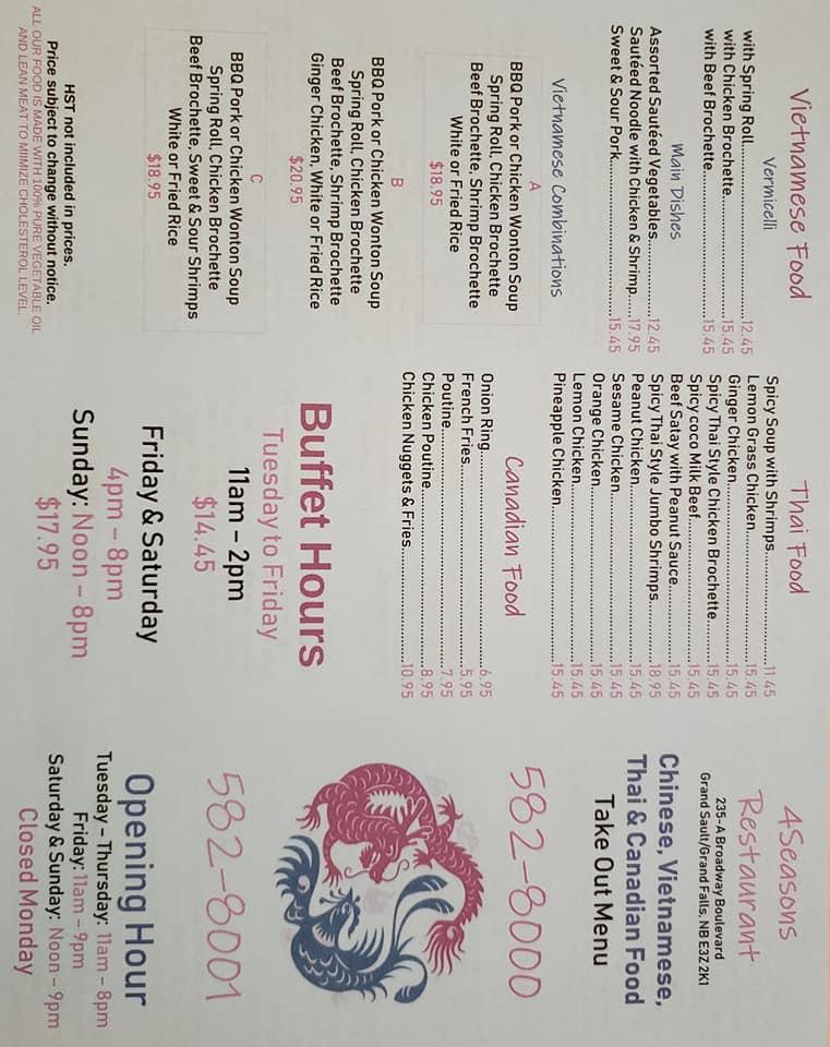 Menu at 4 Seasons Restaurant, Grand Falls