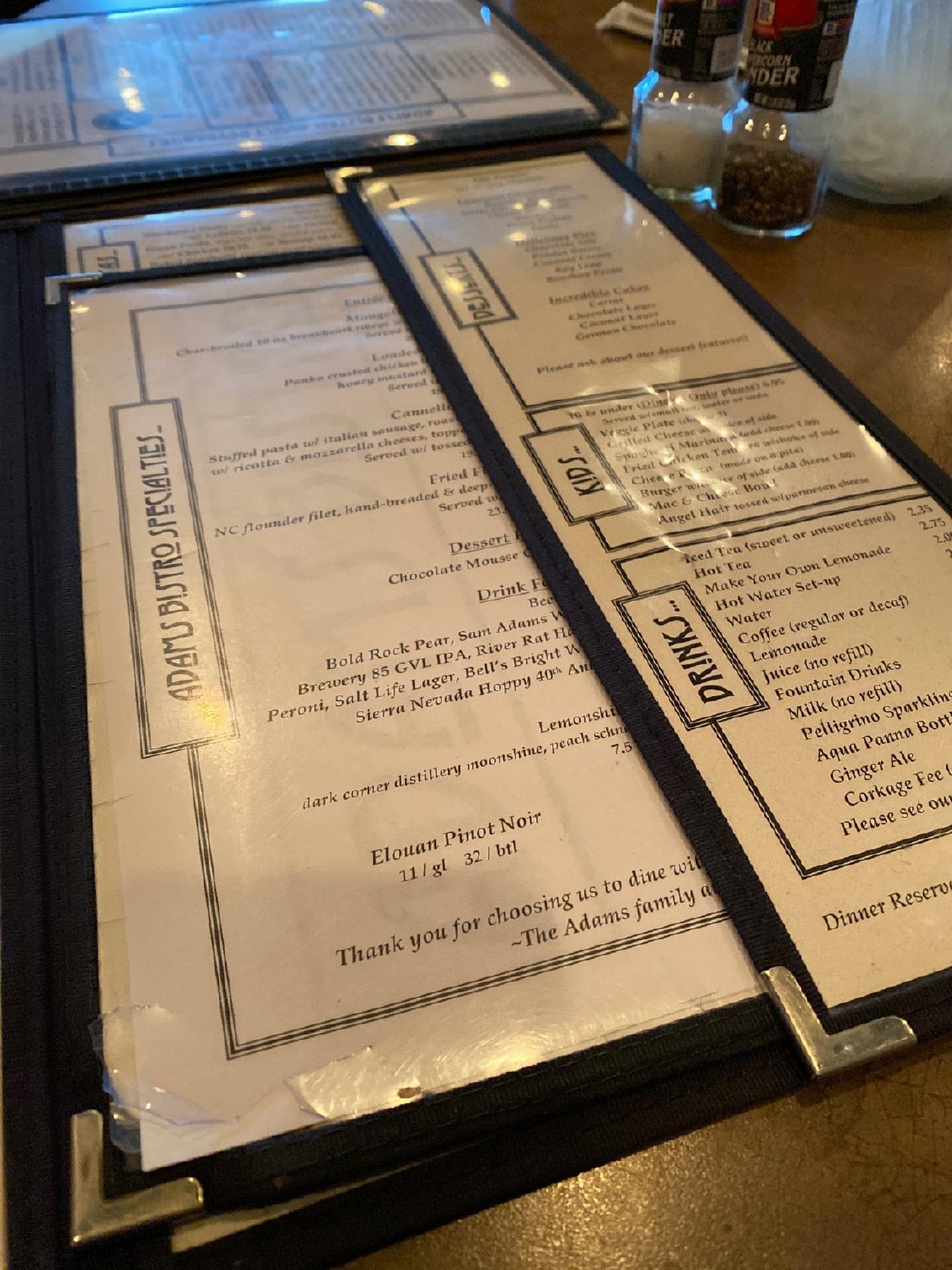 Menu at Adams Bistro steakhouse, Greenville