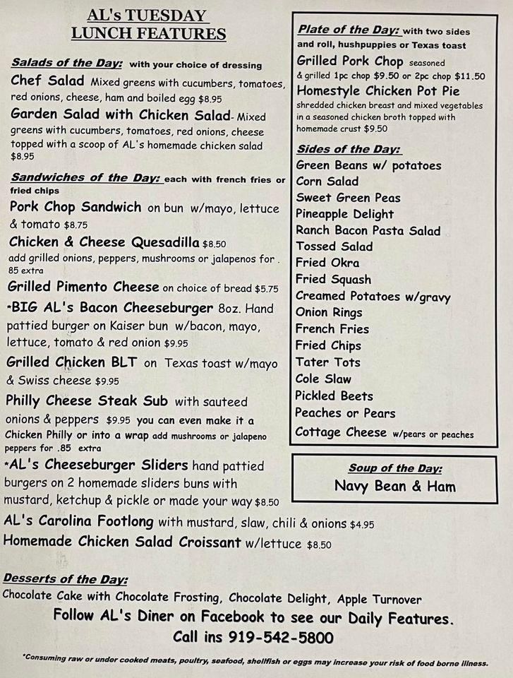 Menu at Al's Diner restaurant, Pittsboro
