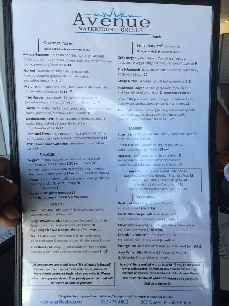 Menu at Avenue Waterfront Grill pub & bar, Manteo