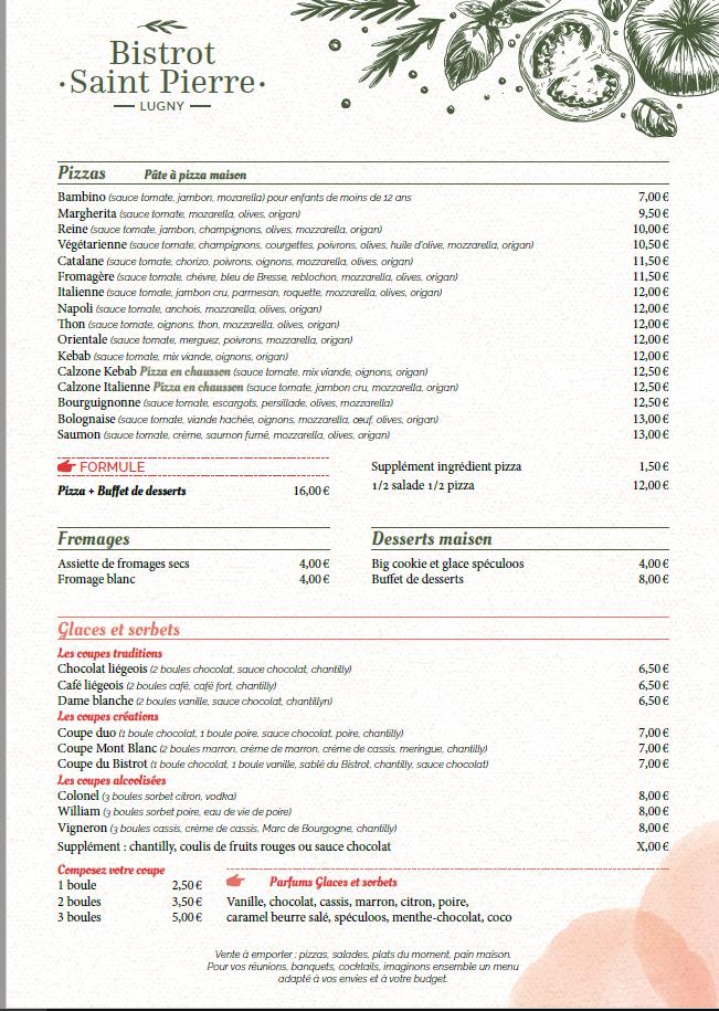 Menu at Bistrot Saint-Pierre restaurant, Lugny