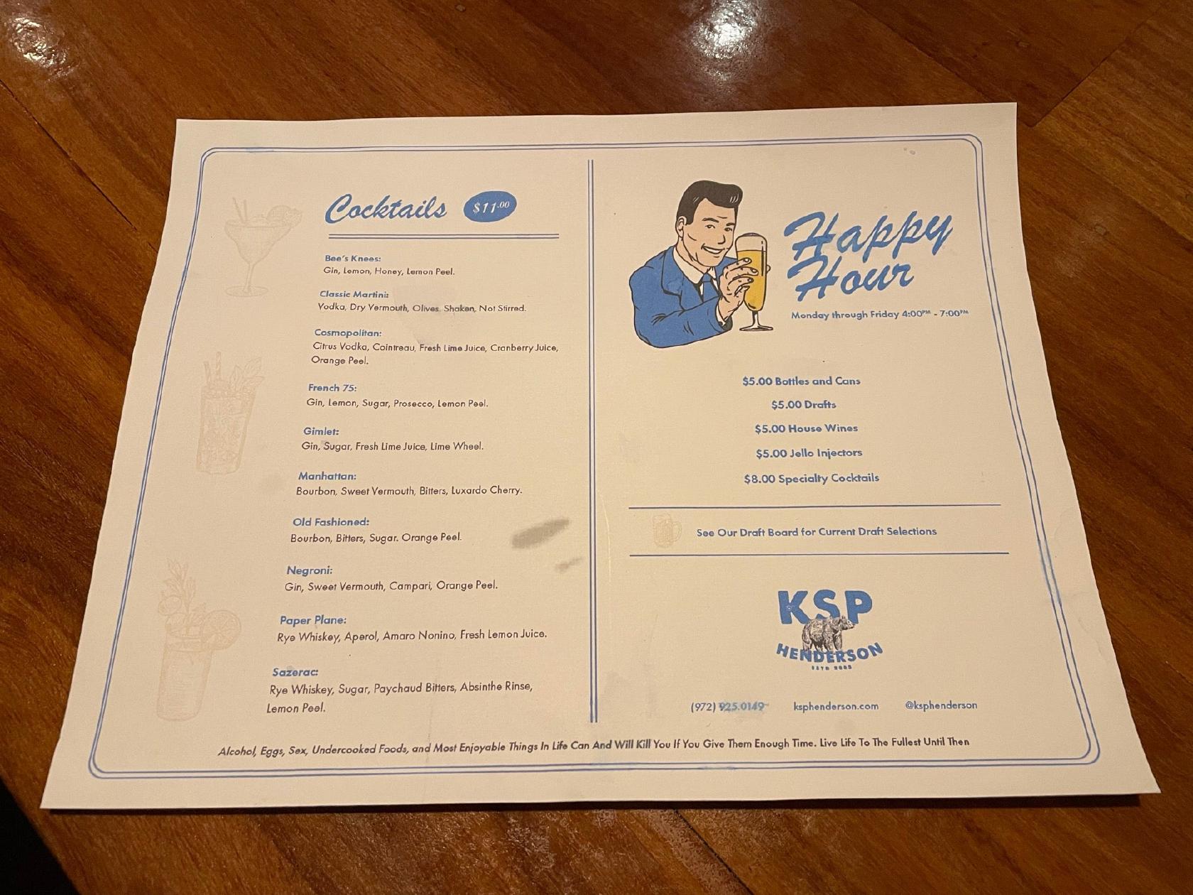 Menu at KSP Henderson pub & bar, Dallas