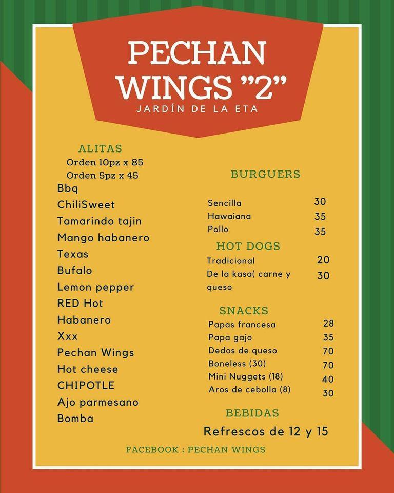 Carta del restaurante Pechan Wing's, Pedro Escobedo