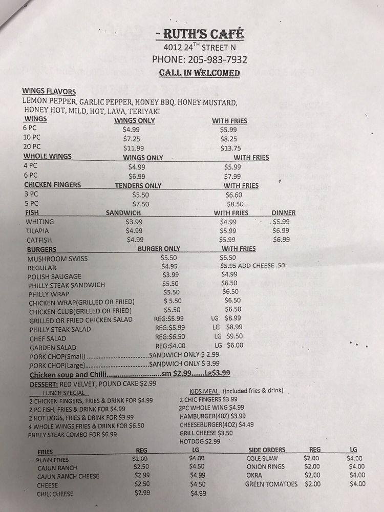 Menu at Ruth's Cafe, Birmingham