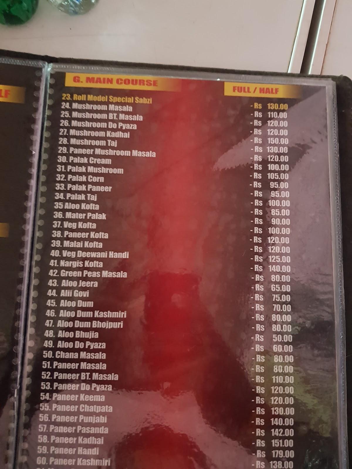 Menu at Hotel Roll Model, Ranchi