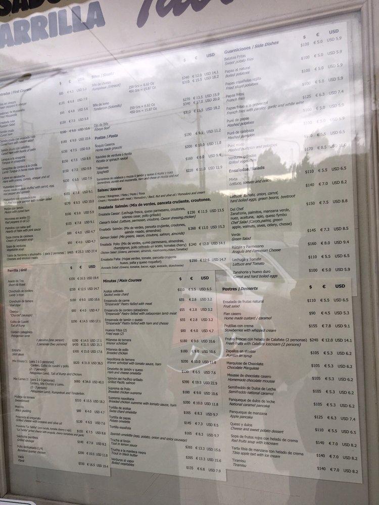 Menu at La Tablita steakhouse, El Calafate