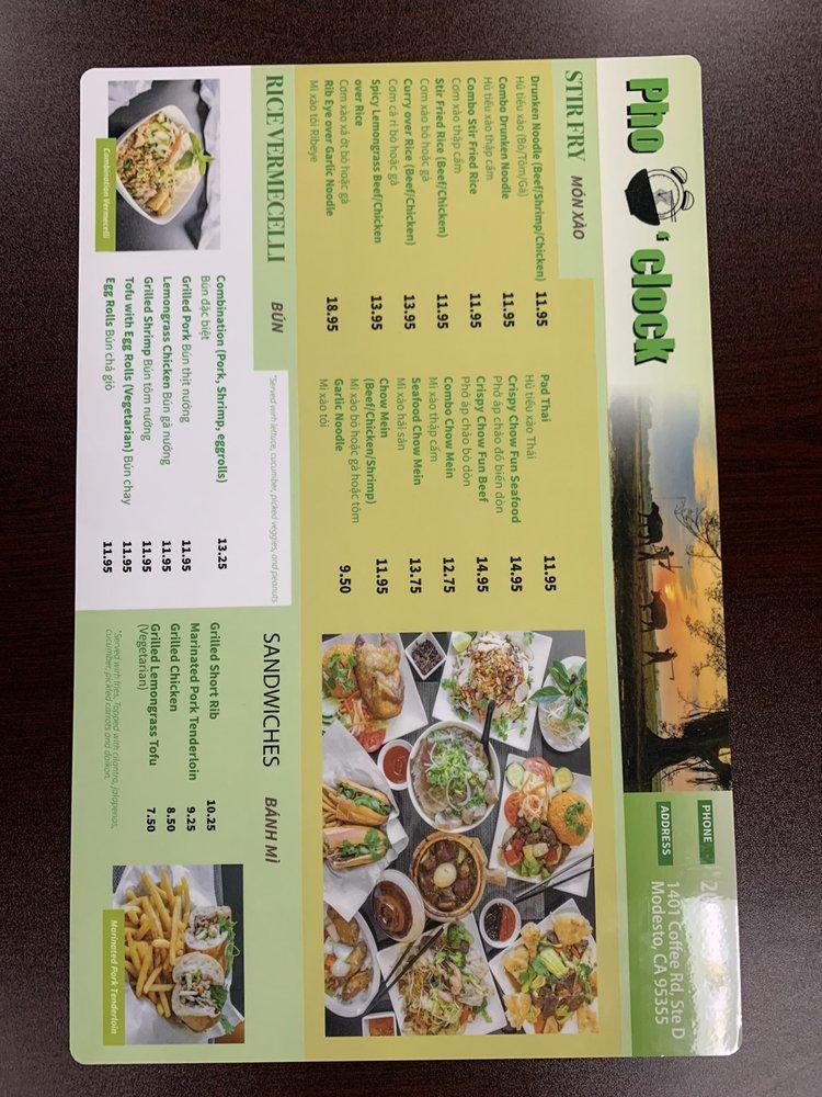 Menu at Pho o'clock restaurant, Modesto