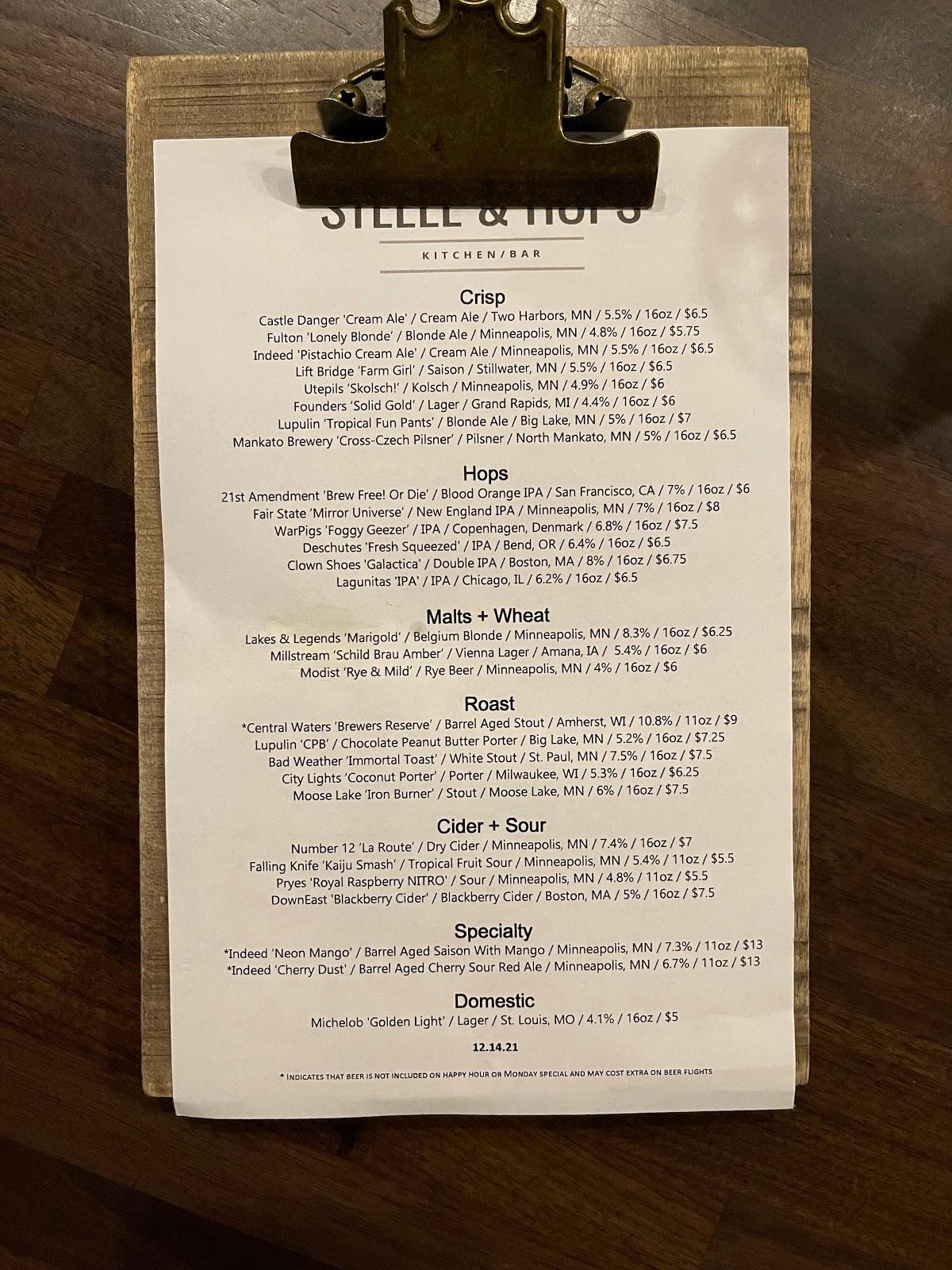Menu at Steele & Hops pub & bar, Saint Anthony