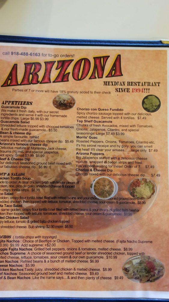 Menu at Arizona Mexican Restaurant, Tulsa