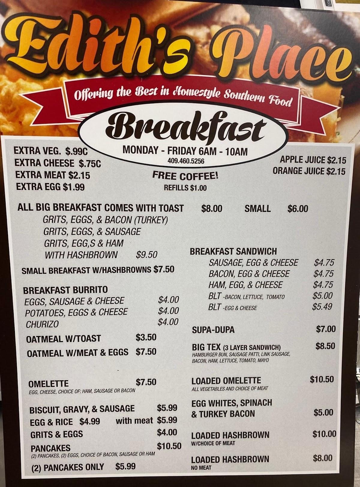 Menu at Edith's Place restaurant, Port Arthur, 743 Procter St