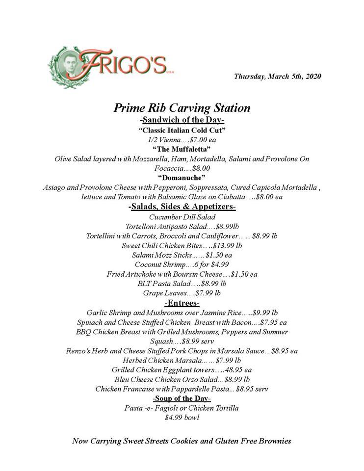 Menu at Frigo Foods restaurant, East Longmeadow
