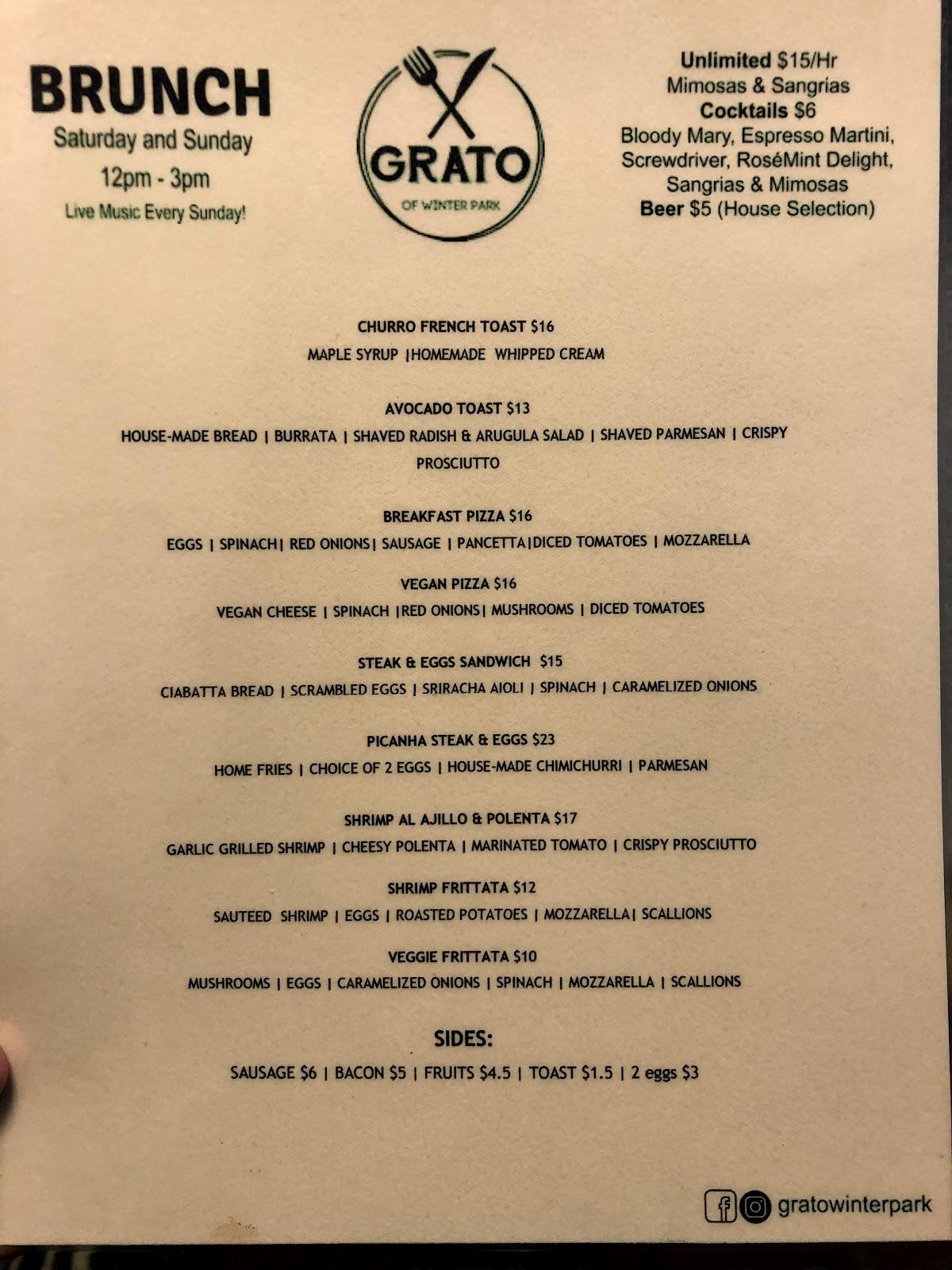 Menu at GRATO Italian Kitchen of Winter Park pub & bar, Winter Park