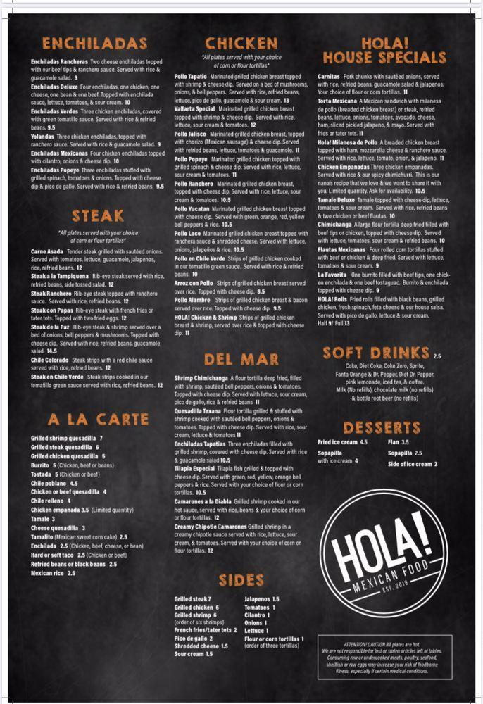 Carta del restaurante Hola! Mexican Food, Eureka