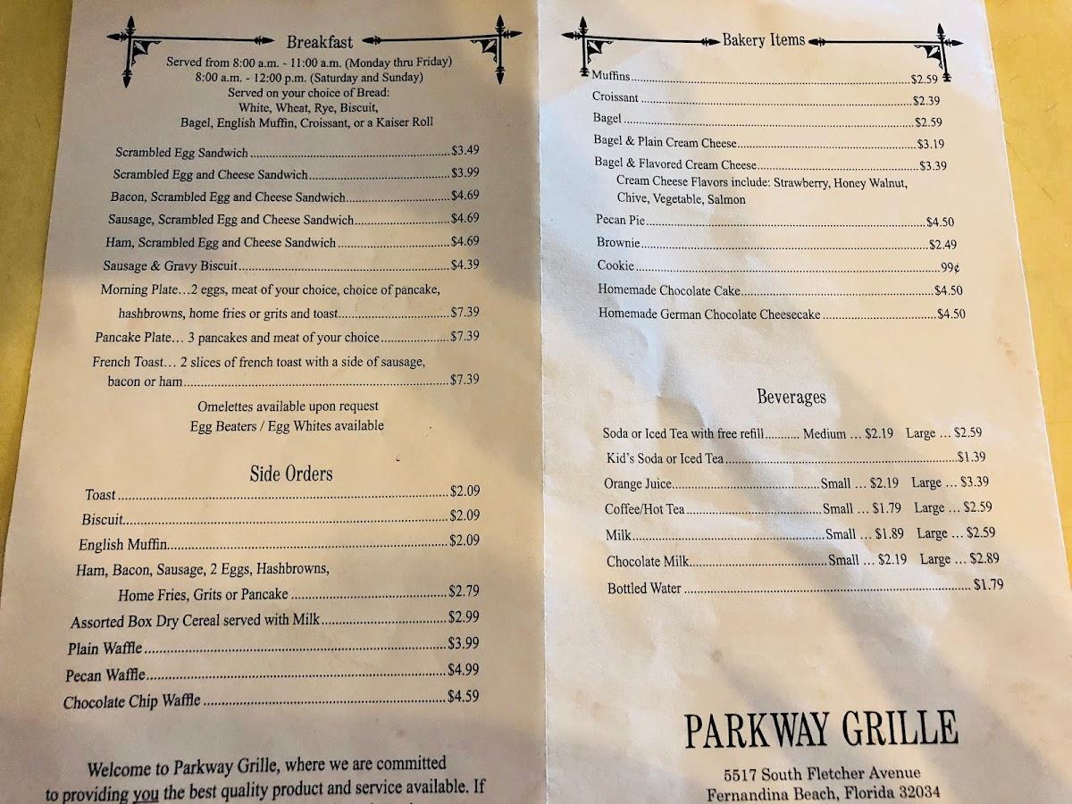 Menu at Parkway Grille restaurant, Fernandina Beach