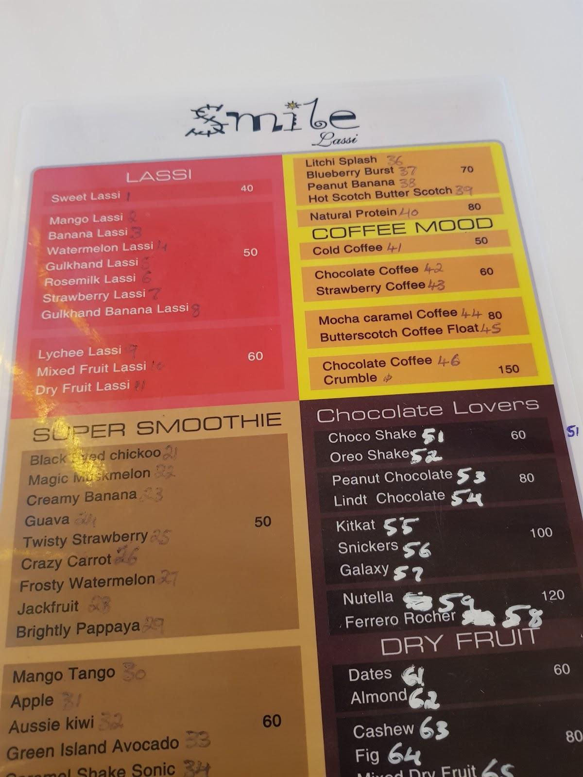Menu at Smile Lassi, Kasaragod
