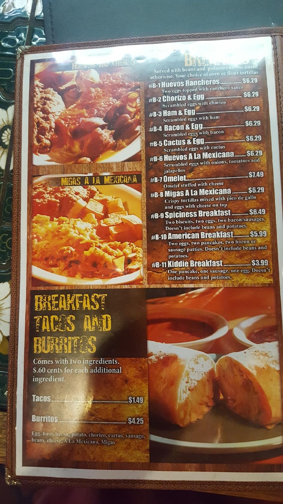 Menu at Spiciness Mexican Grill restaurant, Waco