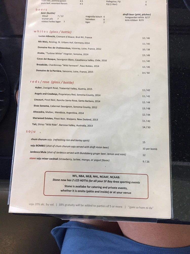 Menu at Stone Korean kitchen restaurant, San Francisco