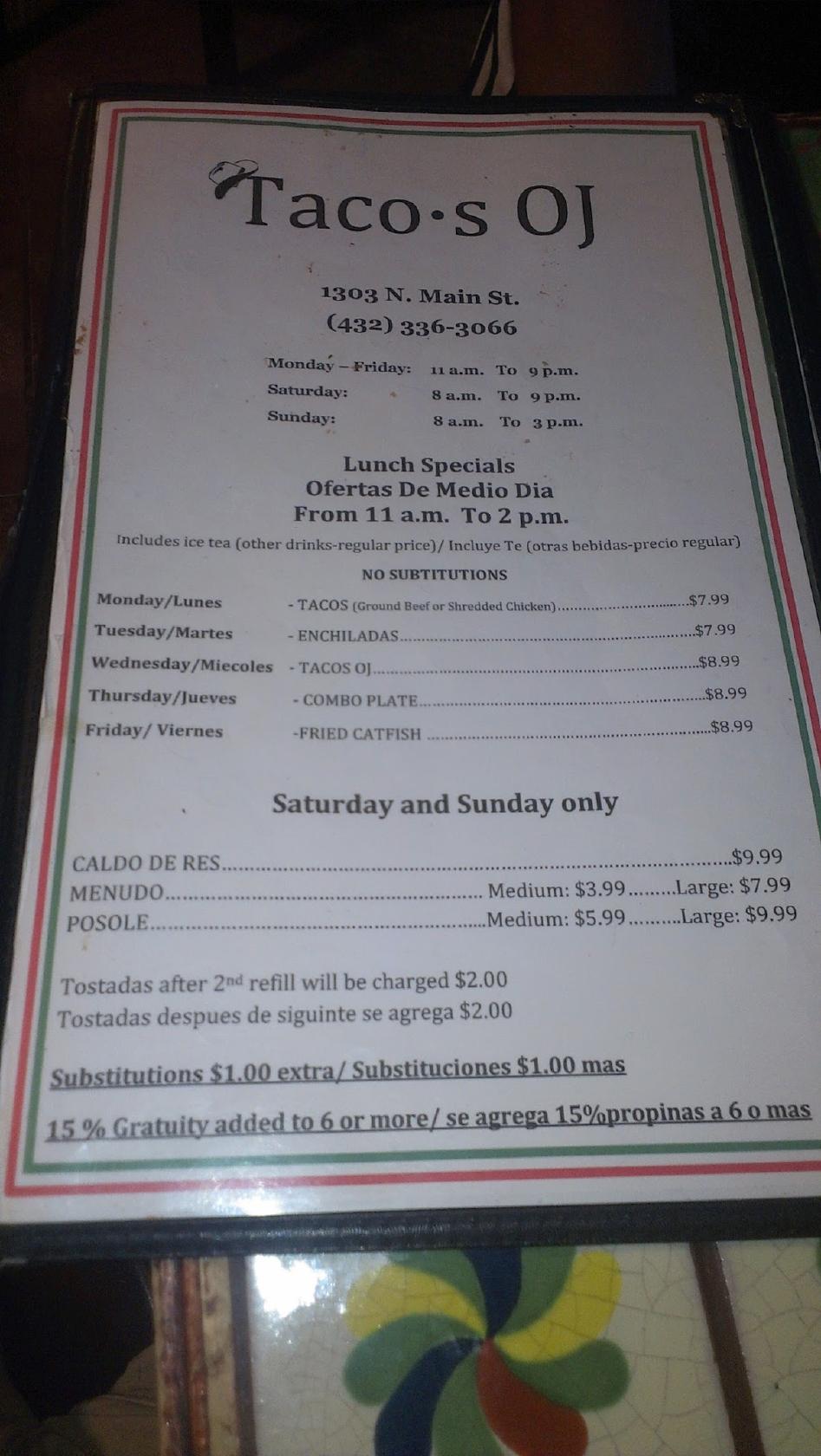 Menu at Tacos OJ restaurant, Fort Stockton