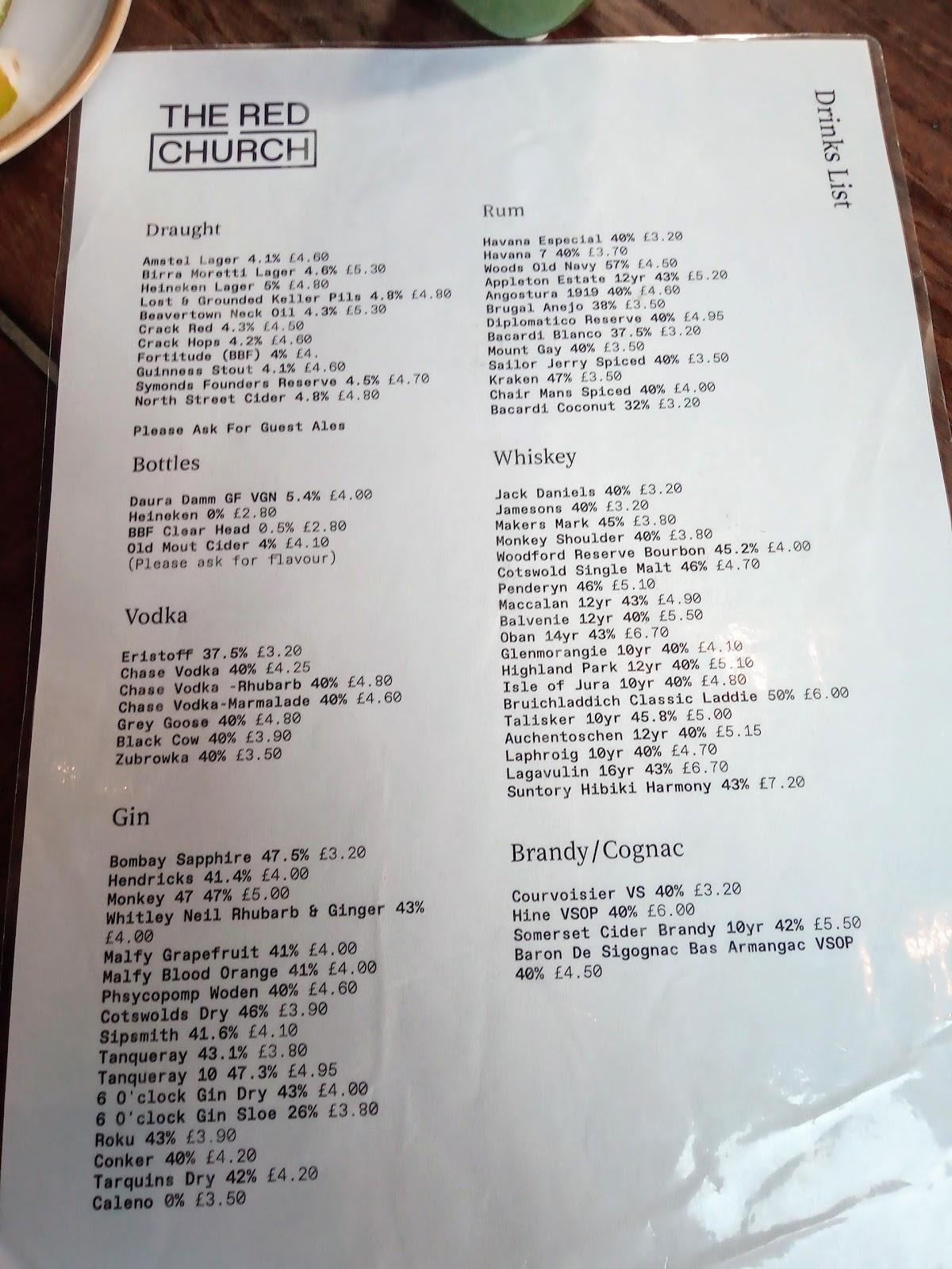 Menu at The Red Church restaurant, Bristol