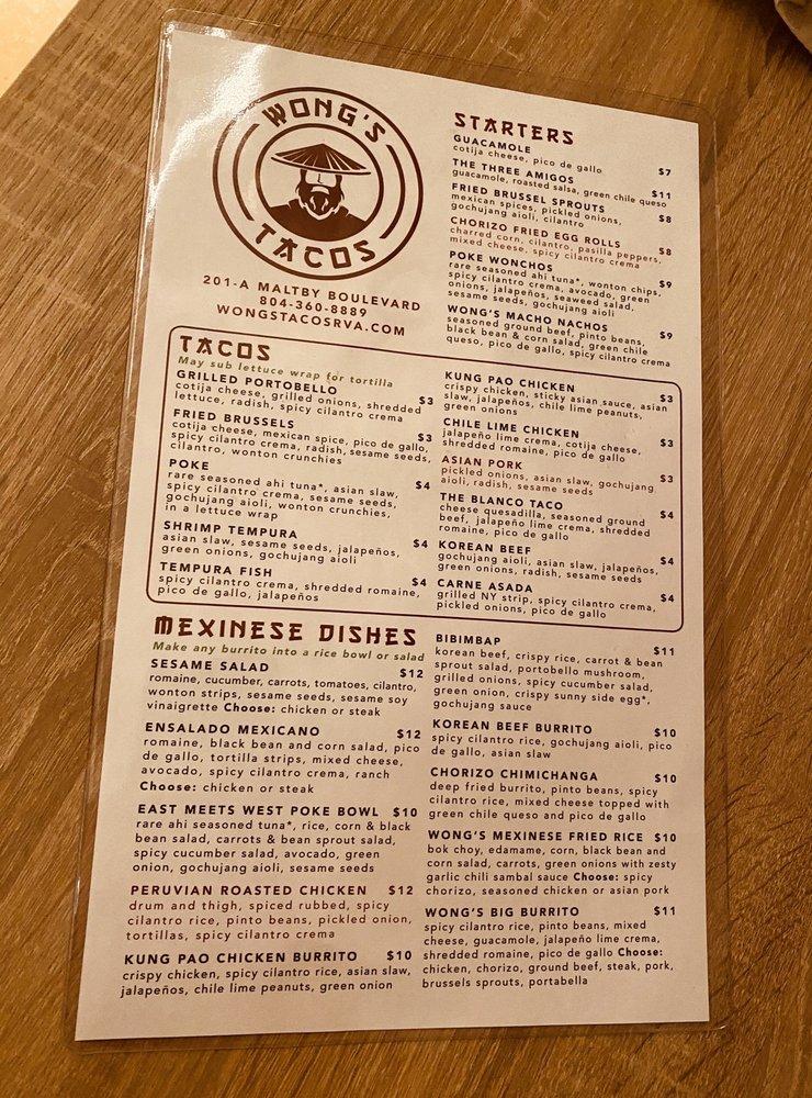 Menu at Wong's Tacos - Greengate restaurant, Richmond
