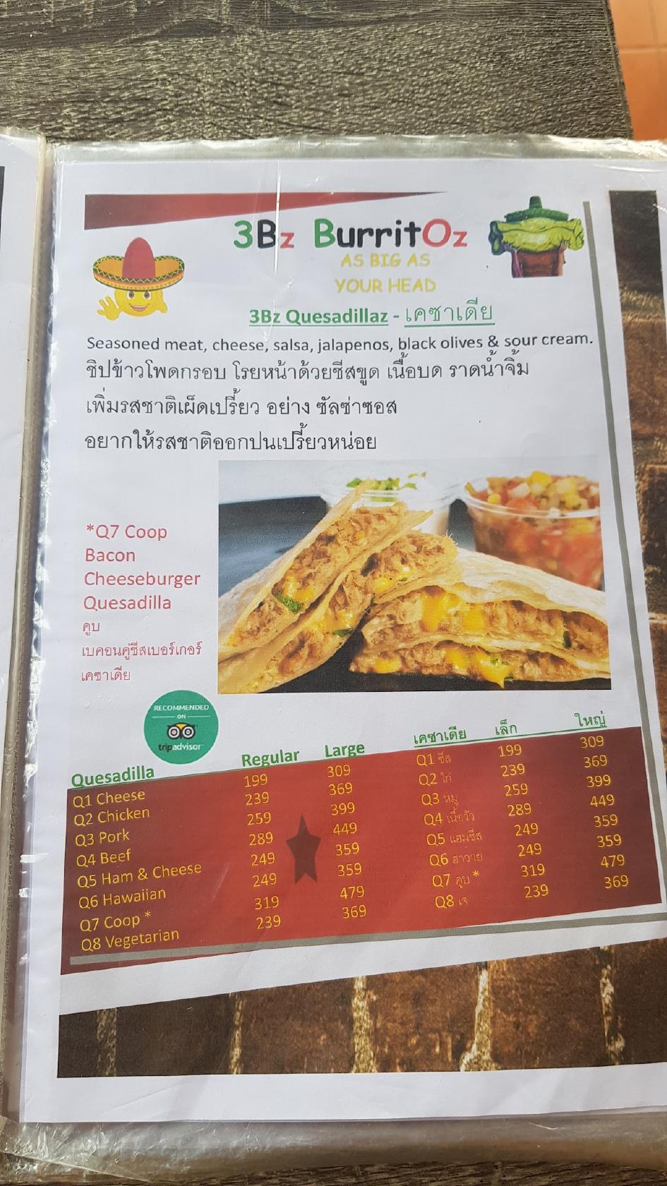 Menu at 3Bz Burritoz Casa De Buffalo Bar, Pattaya City
