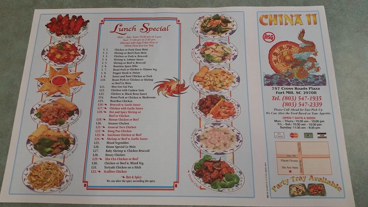Menu at China II restaurant, Fort Mill, 757 Crossroads Plaza
