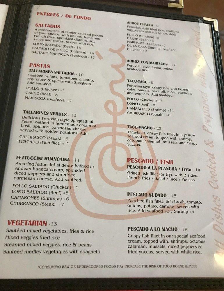 Menu at El Pollo Inka Miami restaurant, Miami, NW 36th St
