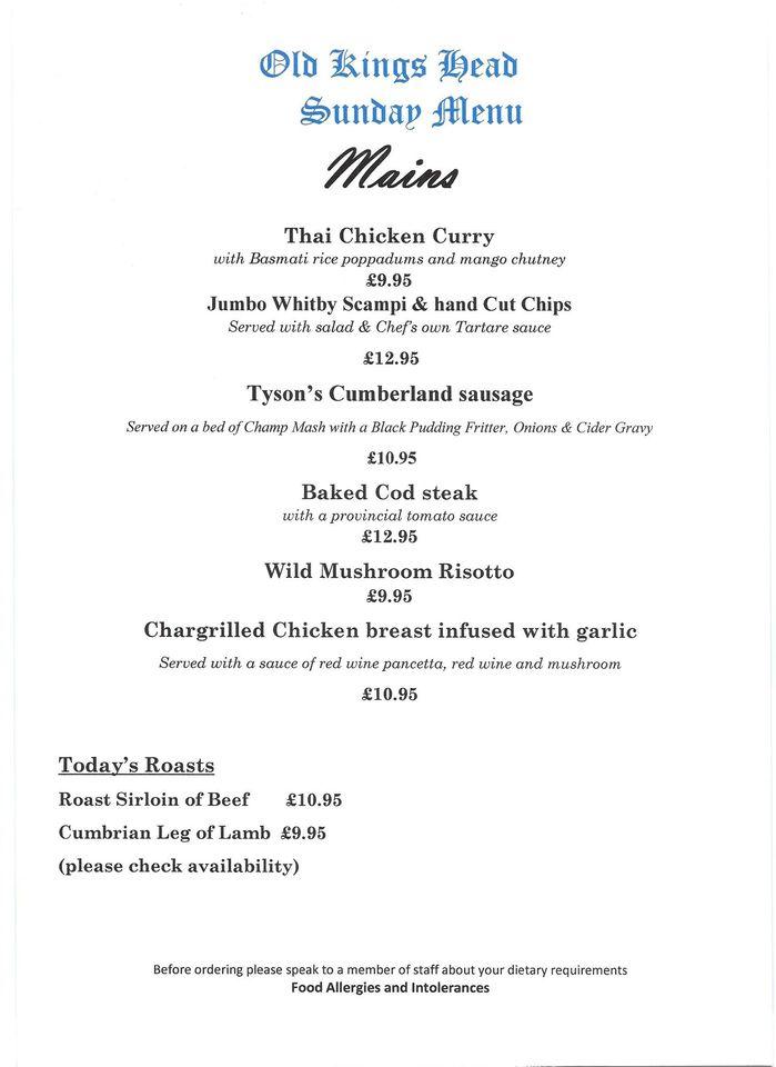 Menu at Old Kings Head - Local Pub, Broughton West