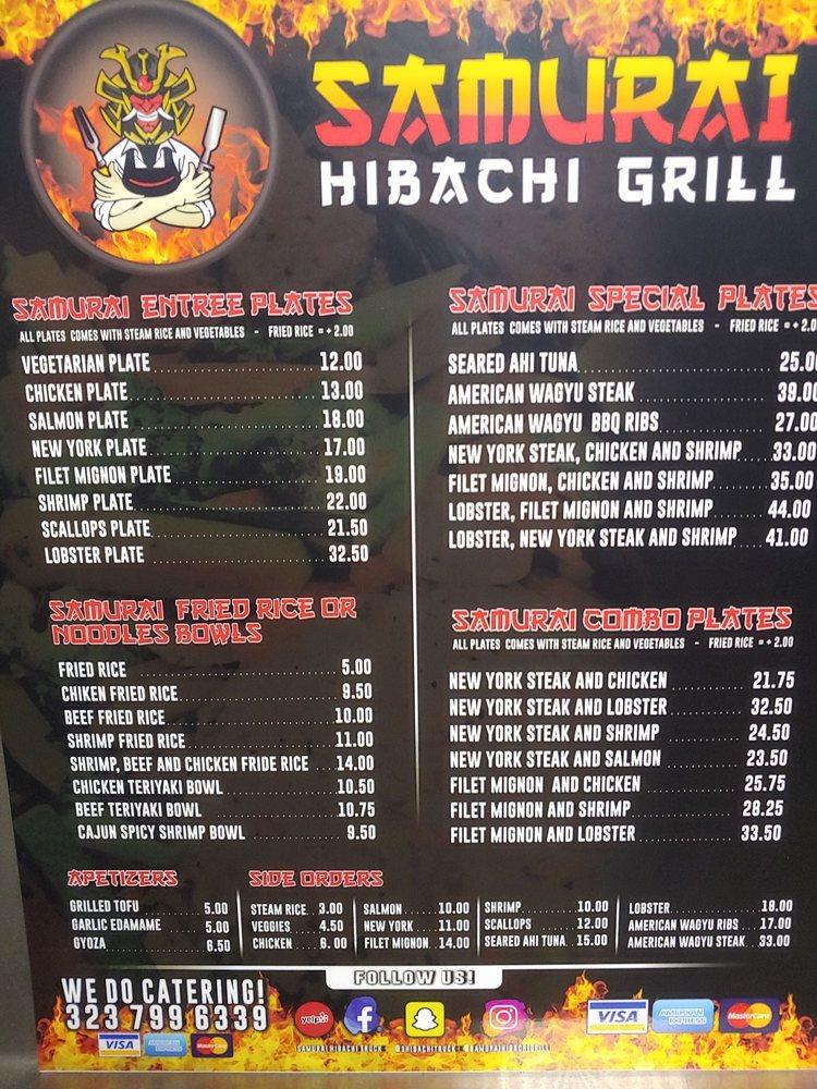 Menu at Samurai Hibachi Grill restaurant, Los Angeles