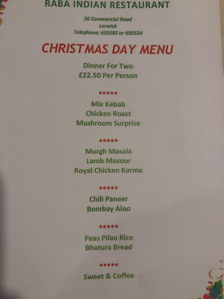 Menu at Raba Indian Restaurant, Lerwick