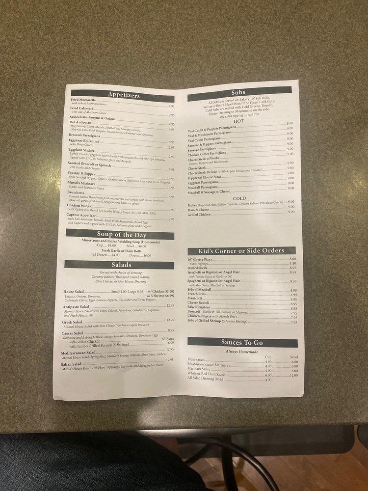 Menu at Mama Di Roma pizzeria, Fairmont