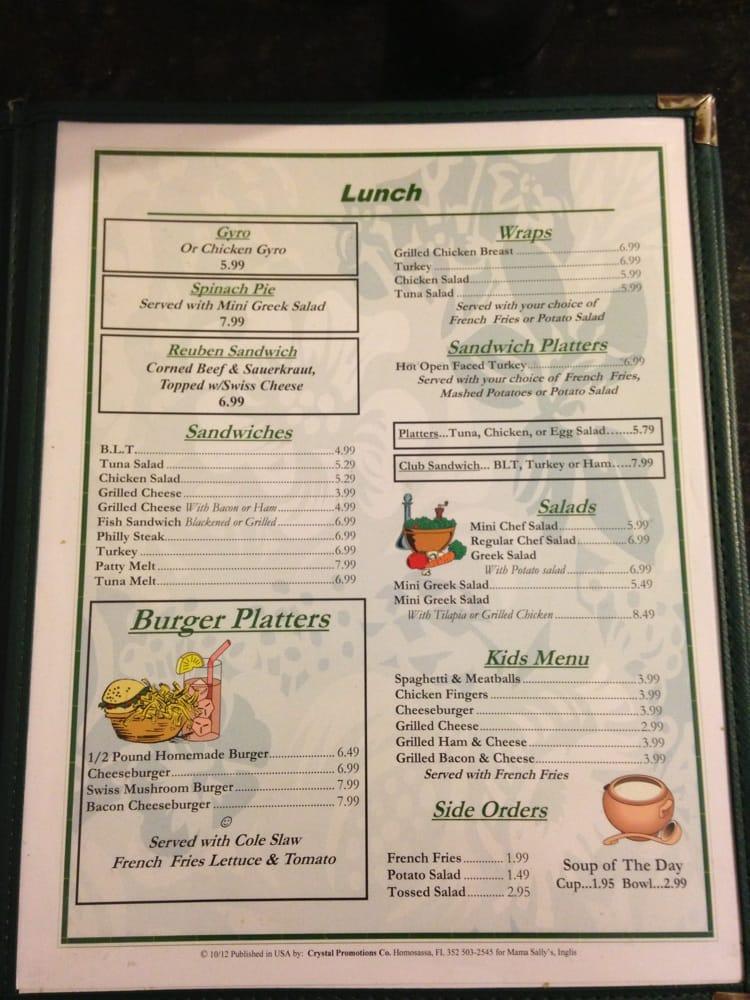 Menu at Mama Sally's Restaurant, Inglis, 137 U.S. Hwy 19
