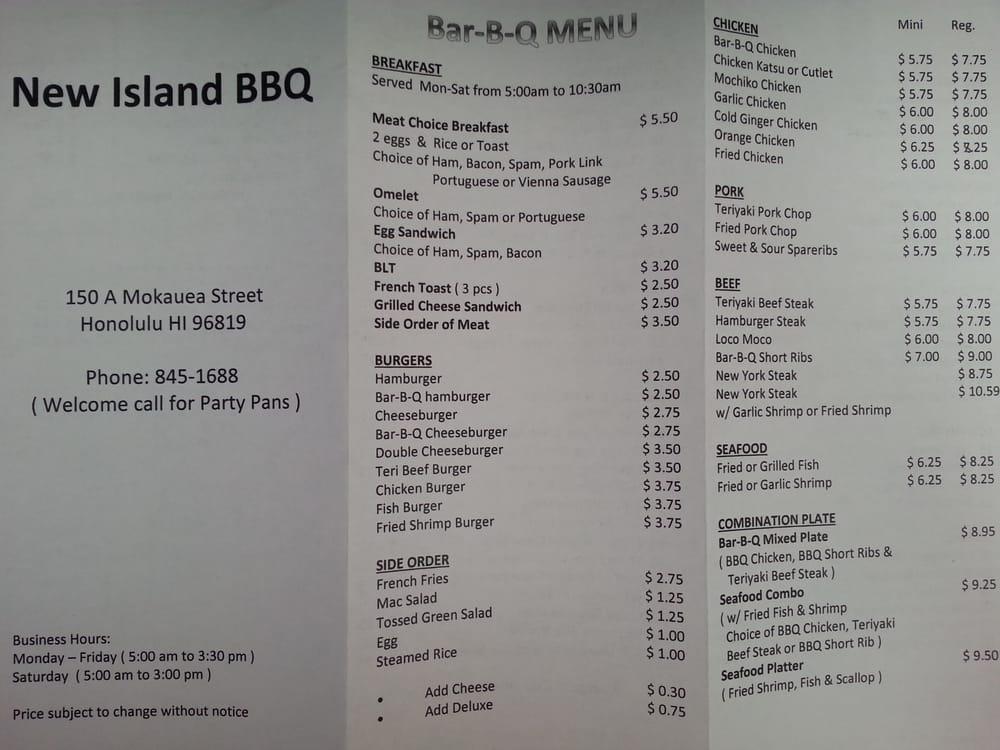 Menu at New Island BBQ, Honolulu, 150 Mokauea St