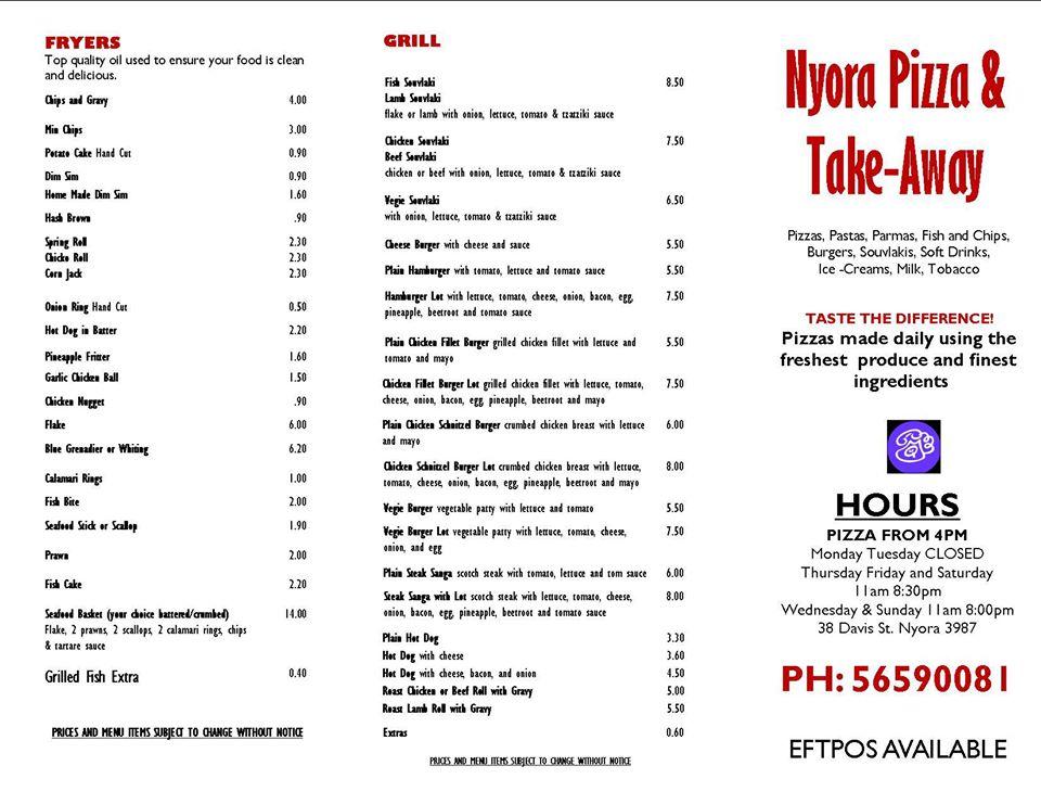 Menu at Nyora Pizza and Takeaway pizzeria, Nyora