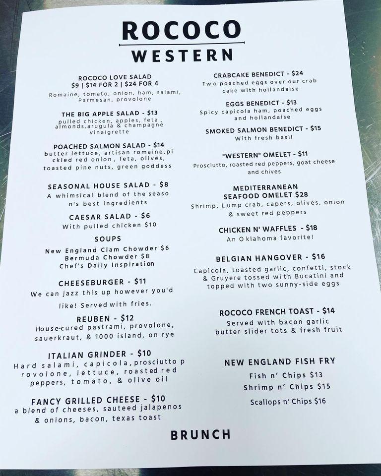 Menu at Rococo on Western restaurant, Oklahoma City