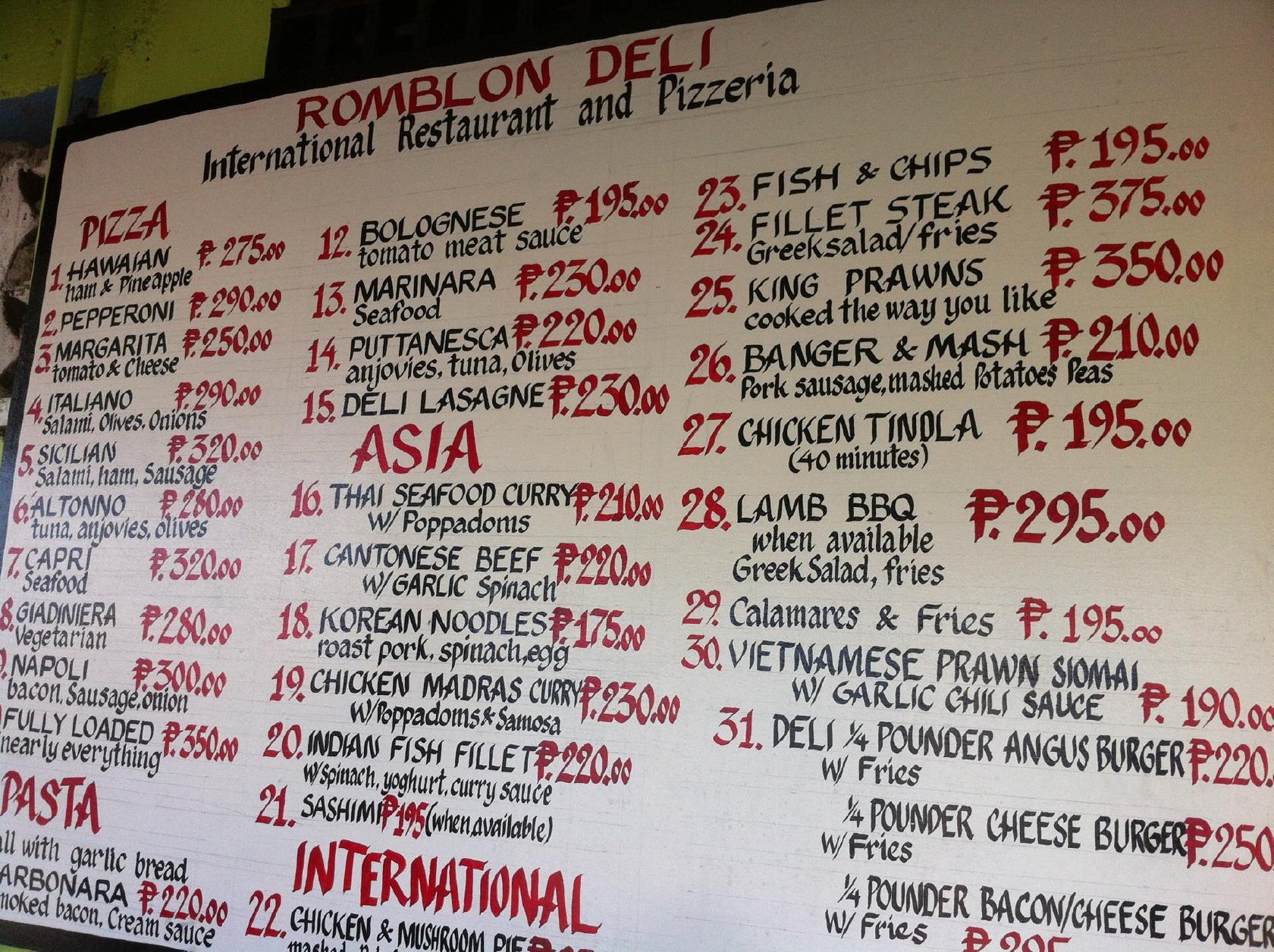 Menu at Romblon Deli restaurant, Romblon