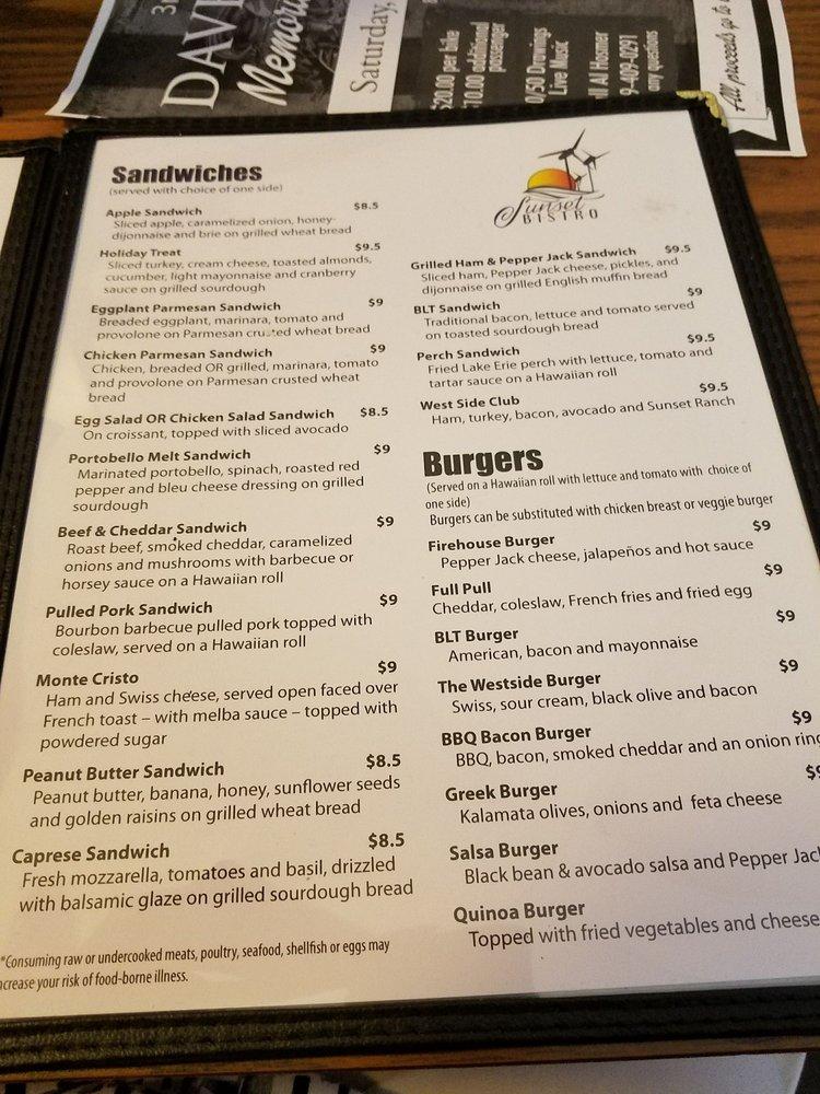 Menu at Sunset Bistro pub & bar, Bowling Green