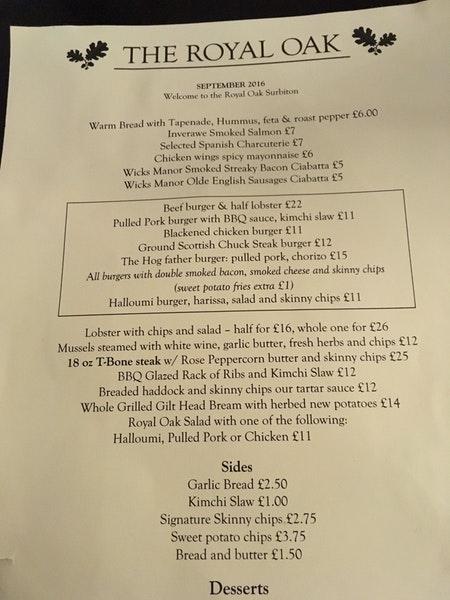 Menu at The Royal Oak pub & bar, Surbiton, 261 Ewell Rd