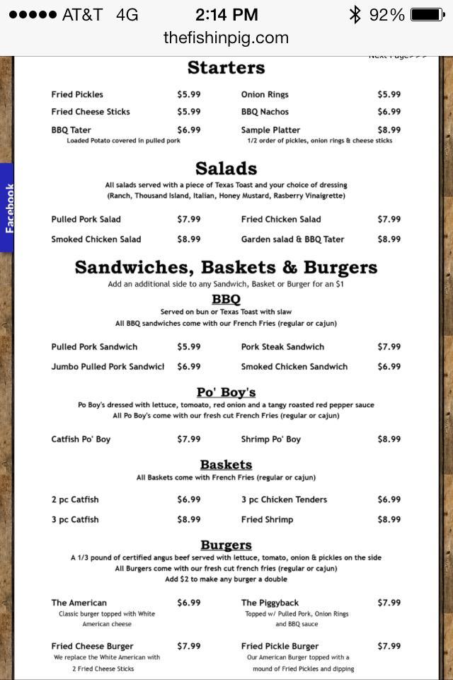 Menu at The Fishin' Pig BBQ, Poplar Bluff