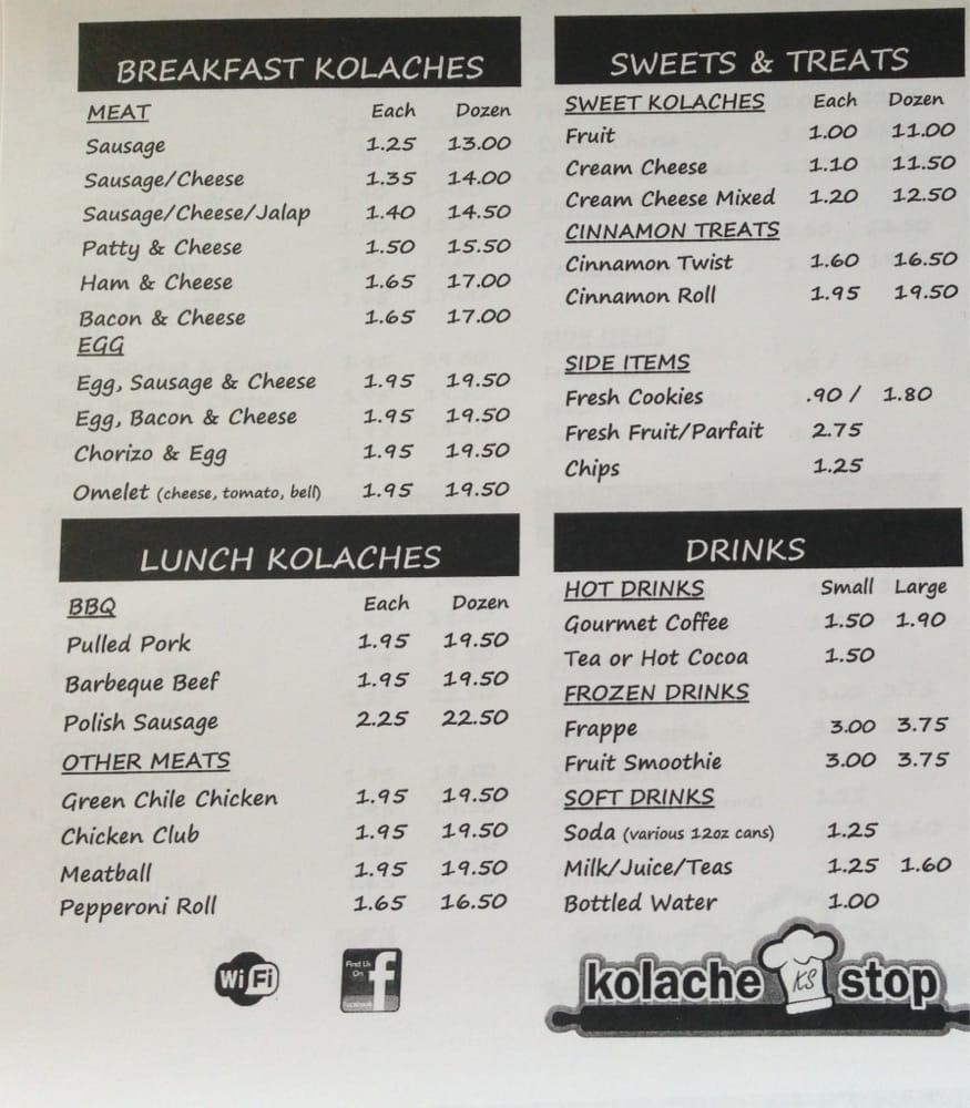 Menu at Kolache Stop cafe, San Antonio, Huebner Rd #200