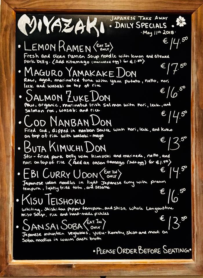 Menu at Miyazaki Japanese Take Away restaurant, Cork
