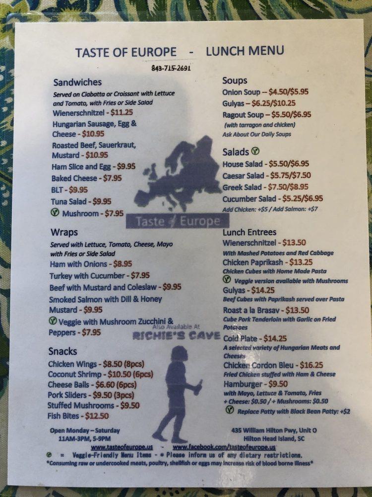 Menu at Taste of Europe pub & bar, Hilton Head Island