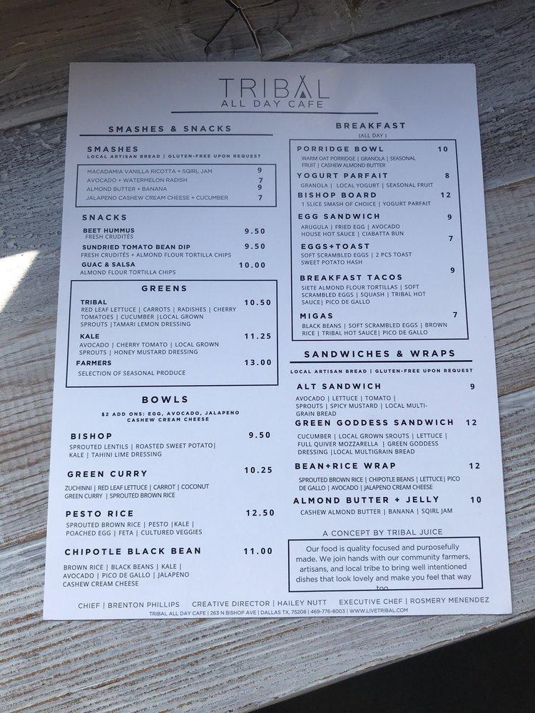 Menu at Tribal All Day Cafe, Dallas