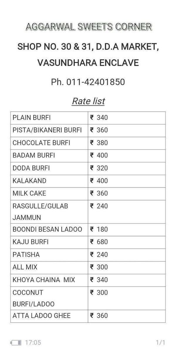 Menu at Aggarwal Sweet Corner, New Delhi, 31